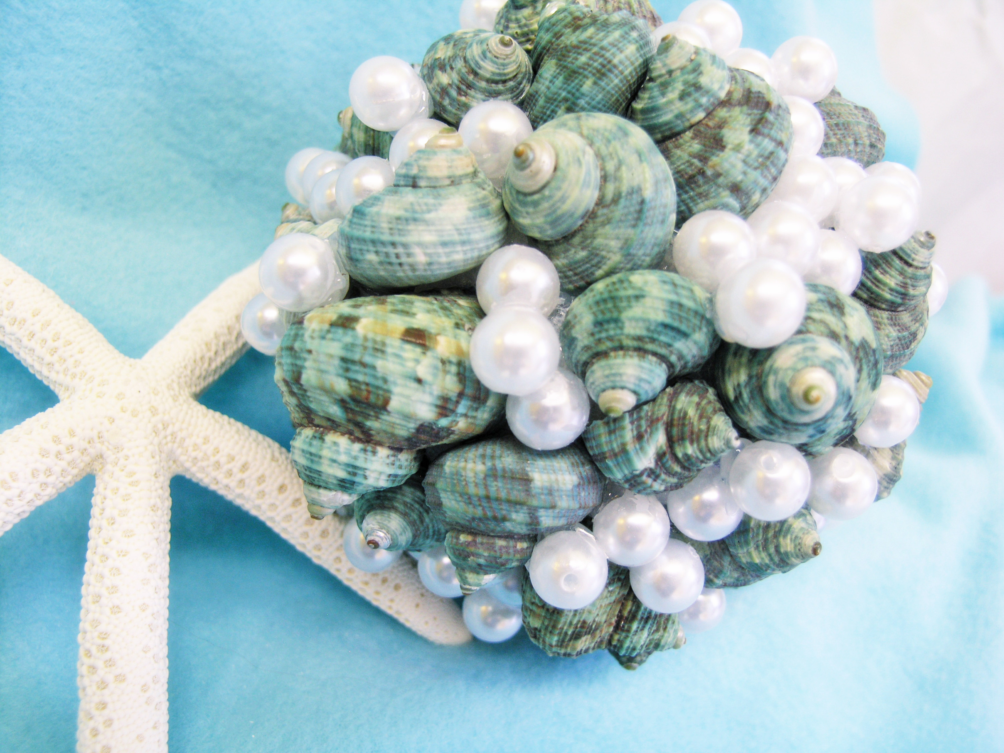Teal Sea Shell Bridal Bouquet Pearl Beach Wedding Bouquet on Luulla
